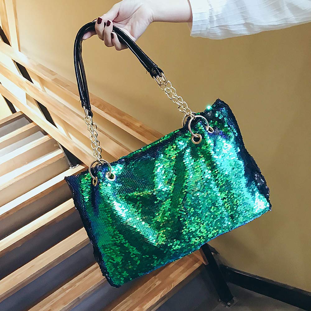 QTKJ Fashion Two Tone Reversible Sequin Tote Bag Zipper Shoulder Bag with Chain and Leather Straps (Green)