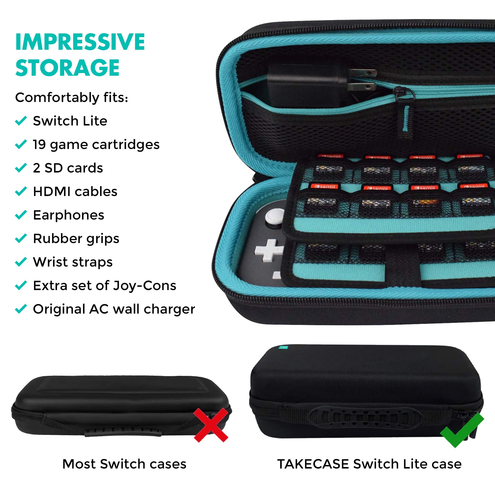 TakeCase Carrying Case Compatible with Nintendo Switch Lite - Includes Pouch That Fits Adapter/Charger, Accessories, and 16 Games Storage - Perfect for Travel - Blue/Turquoise