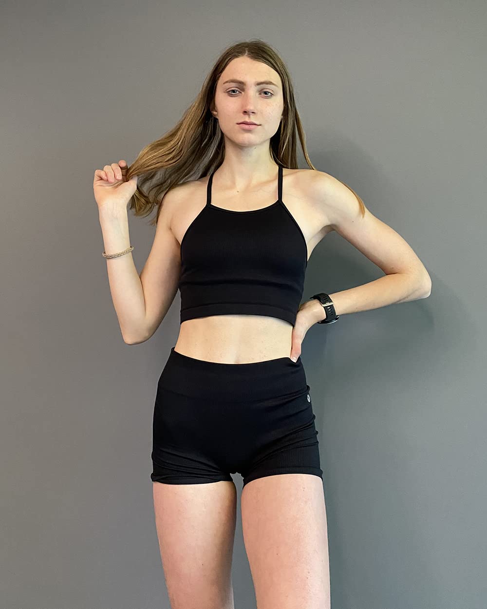 SUUKSESS Women Ribbed Seamless 2 Piece Summer Outfits Crop Top High Waisted Workout Sets (Black,Medium)