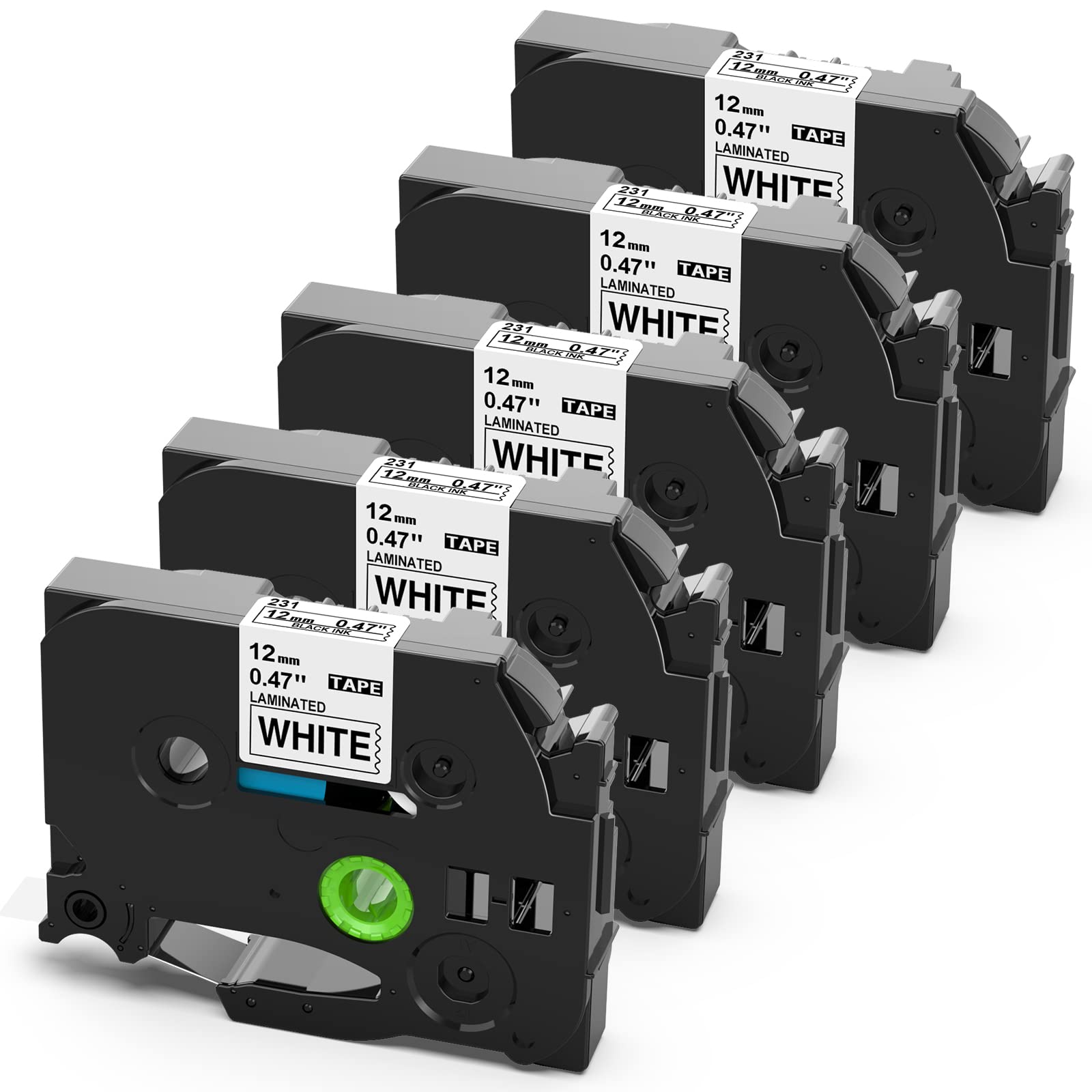 Replacement for 12mm 0.47" Brother Ptouch TZ Tape TZe-231 TZ-231, 1/2 inch Laminated Black on White, Compatible with P-Touch D210 PTD200 PT-1880 Label Maker, 5-Pack, by Macipa
