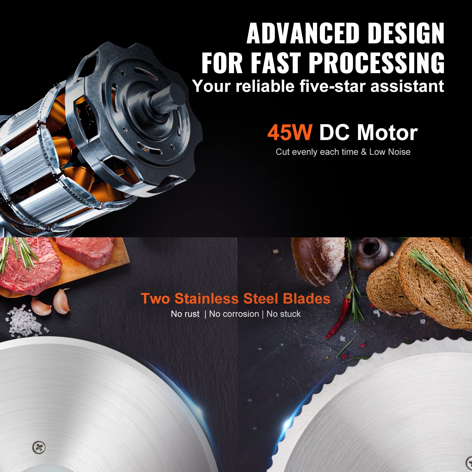 VEVOR Meat Slicer, 45W Electric Deli Slicer with Two 7.5" Stainless Steel Removable Blade, 0-15 mm Adjustable Thickness for Home Use, Child Lock Protection, Food Slicer Machine for Meat Cheese Bread