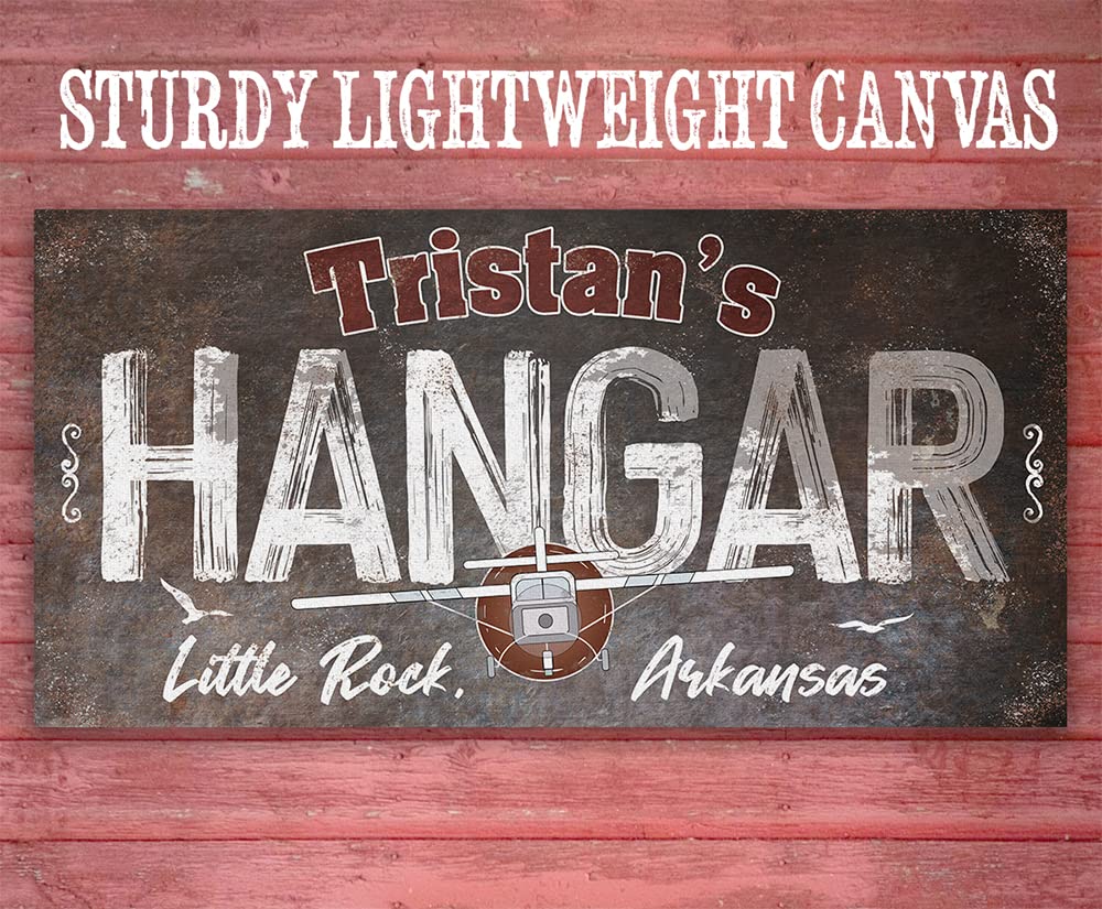 Personalized Hangar Airplane Print - Custom Print with Name and City State, Pilot Name Print and Aviation Sign, Antique Airplane Decor and Man Cave Gift, Rustic Metal Style Canvas Print 12x24