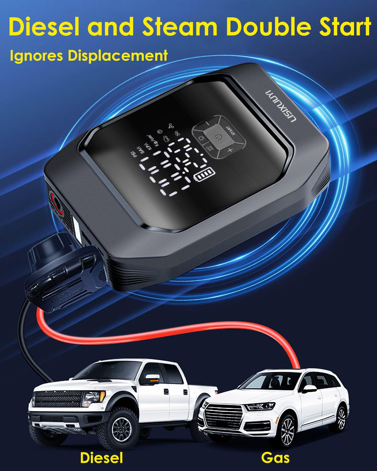 Portable Car Jump Starter with Air Compressor,160PSI Digital Tire Inflator & 8000mAh Battery Booster for 3.5L Gas Engine/4.0L Diesel Engine 12V Car Lithium Battery Safe Jump Box Pack Power Charger