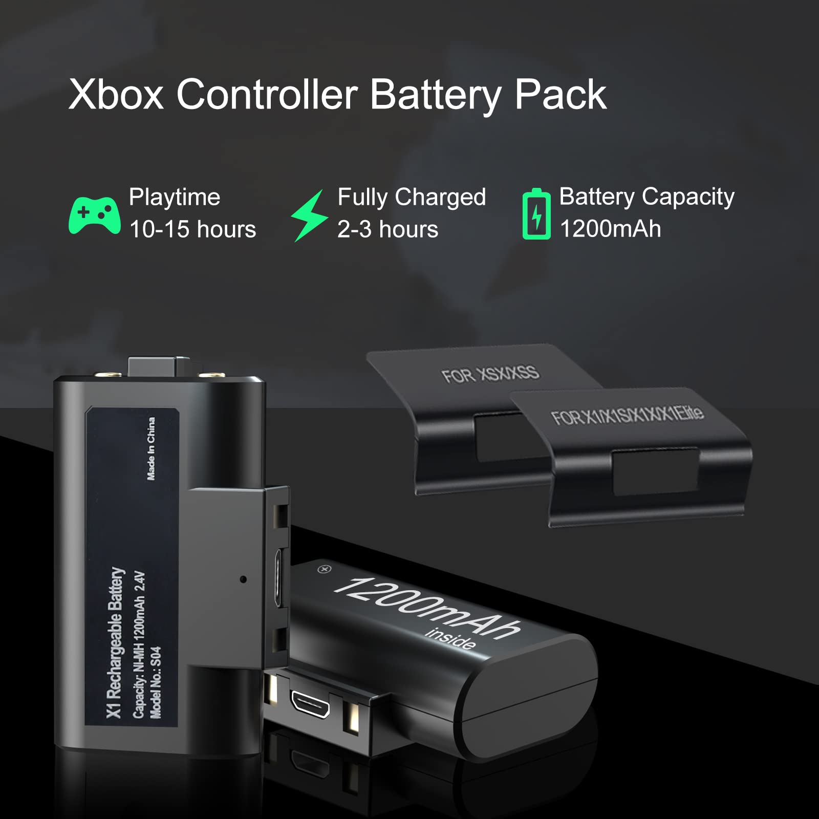 TUNROP Rechargeable Battery Packs for Xbox One/Xbox Series X|S, 2 X 1200mAh Xbox One Controller Battery Packs, Rechargeable Batteries with Charging Cable for Xbox One/One S/One X/One Elite