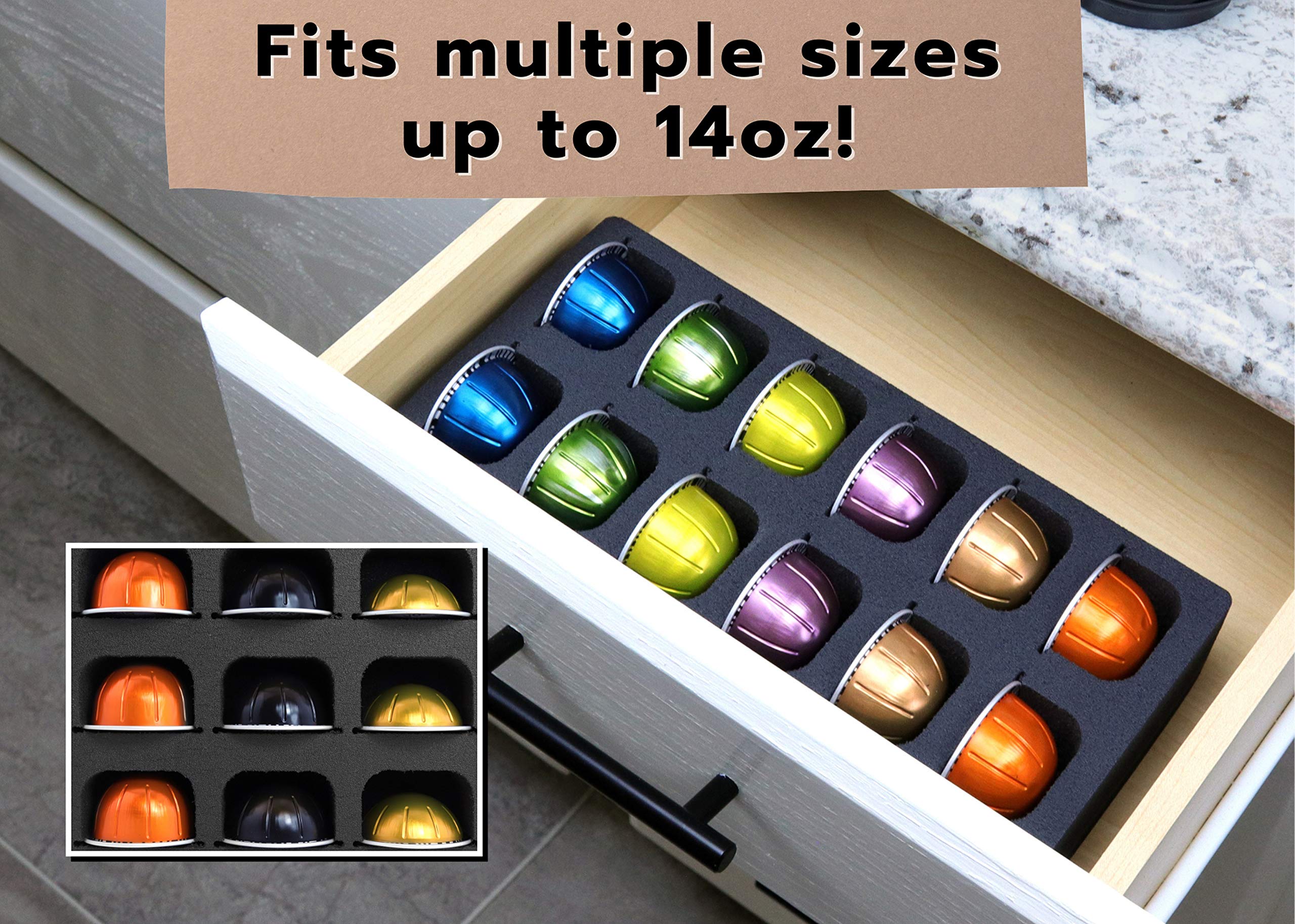 Polar Whale Coffee Espresso Capsule Drawer Organizer Tray Insert Compatible with Nespresso Vertuo VertuoLine for Kitchen Home Office Waterproof Washable Black Foam 12 Compartment 5.5 X 11.75 Inches