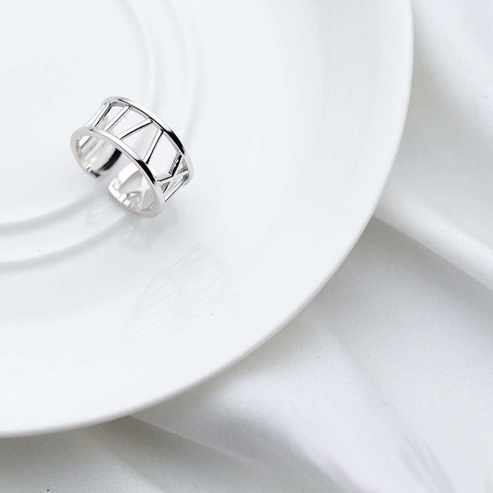 Roman Numerals Band Ring 925 Sterling Silver Adjustable Minimalist Open Finger Wedding Rings for Women Girls Men