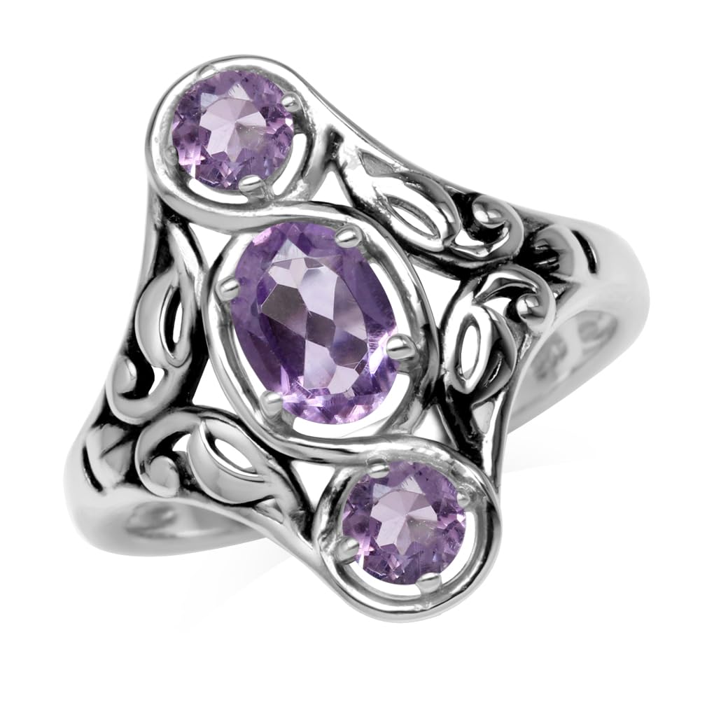 Silvershake 1.24ct. 3 Stone Natural Amethyst 925 Sterling Silver Filigree Ring Size 9