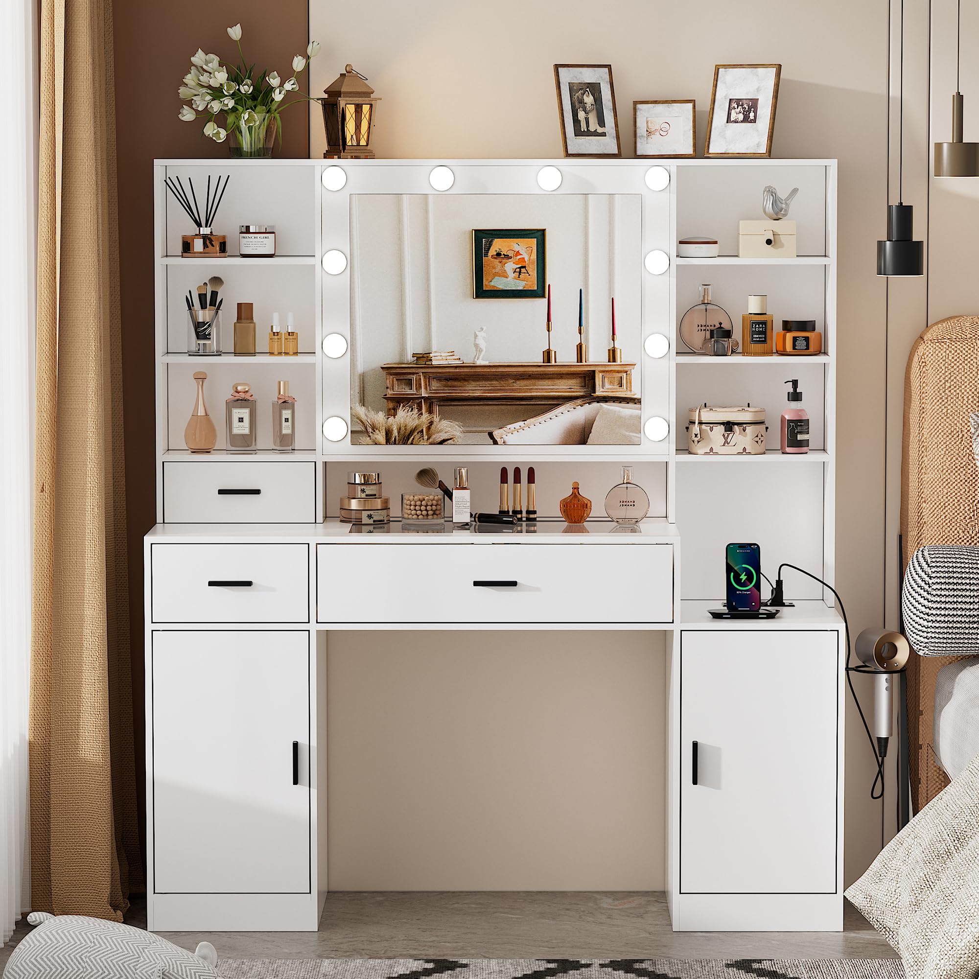 PAKASEPT Vanity Set with Lighted Mirror, Makeup Vanity with 3 Lighting Options and Charging Station, Large Vanity Desk with Storage Shelves, 5 Drawers, Glass Cabinet