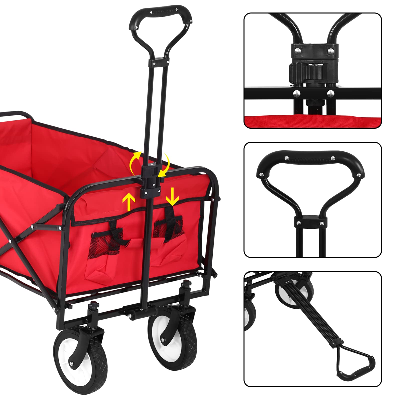 Pazidom Collapsible Wagon Large Capacity Folding Wagon Portable Beach Utility Wagon Cart Outdoor Foldable Garden Cart with All-Terrain Wheels & Adjustable Handle, Red