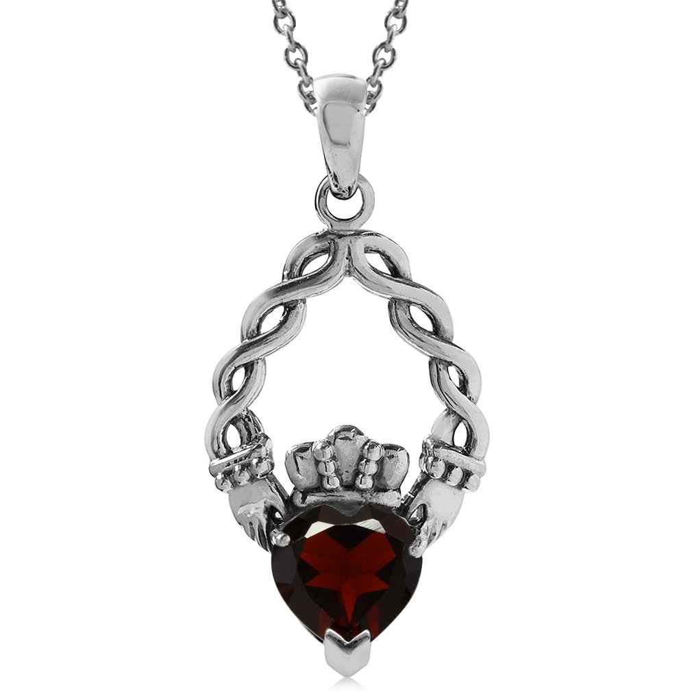 Silvershake 1.38ct. Natural Heart Shape Garnet 925 Sterling Silver Claddagh Pendant with 18 Inch Chain Necklace