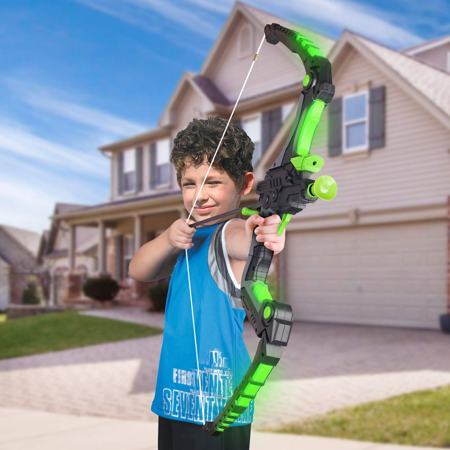 SainSmart Jr. Kids Bow and Arrows, Light Up Archery Set for Kids Outdoor Hunting Game with 5 Durable Suction Cup Arrows, Luminous Bow and Sighting Device, Green