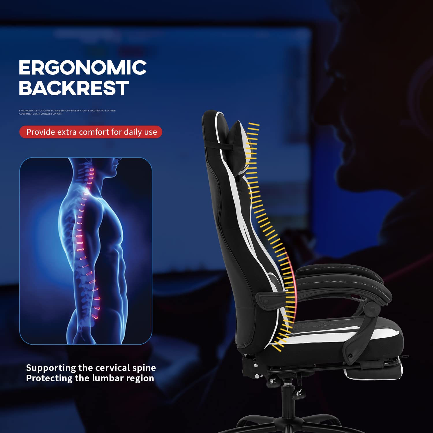 PC Gaming Chair Home Office Chair Racing Computer Chair with Lumbar Support Reclining Armrest Foot Rest Rolling Swivel PU Leather Ergonomic Task Desk Chair(White)