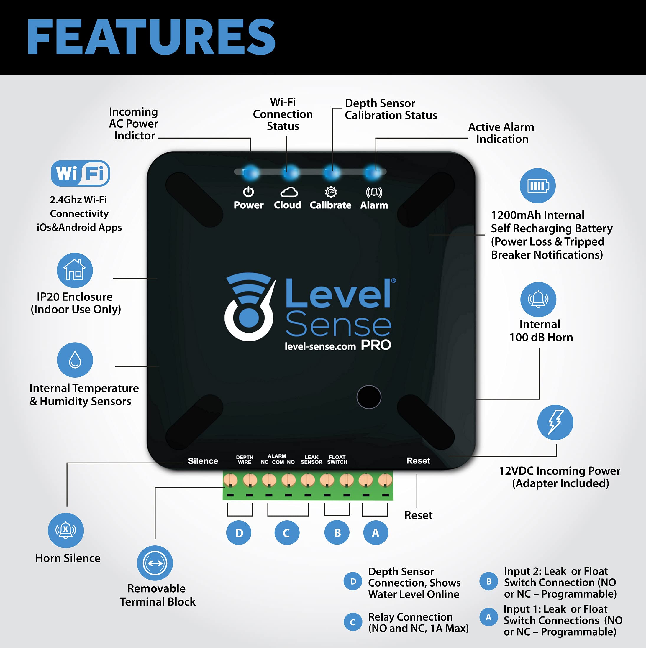PRO- Wi-Fi Enabled Sump Pump Alarm, Features Include: High Water Alarm, Water Leak Detector, Power Failure Alarm, WiFi Temperature Sensor, Water Sensor Alarm