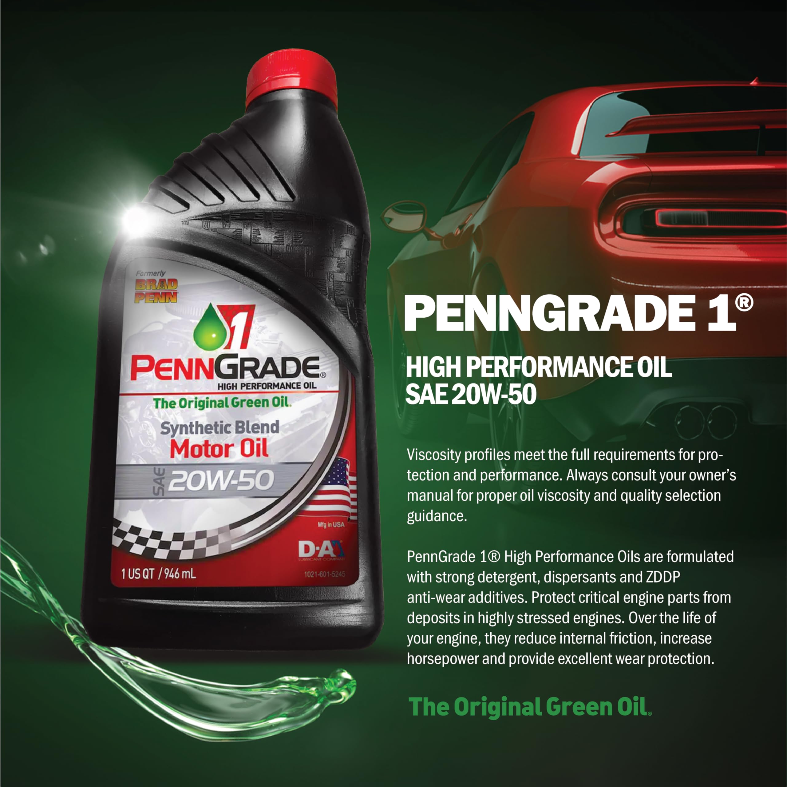PENN GRADE 1, 71196, Synthetic Blend High Performance Oil SAE 20W-50, 1 Quart