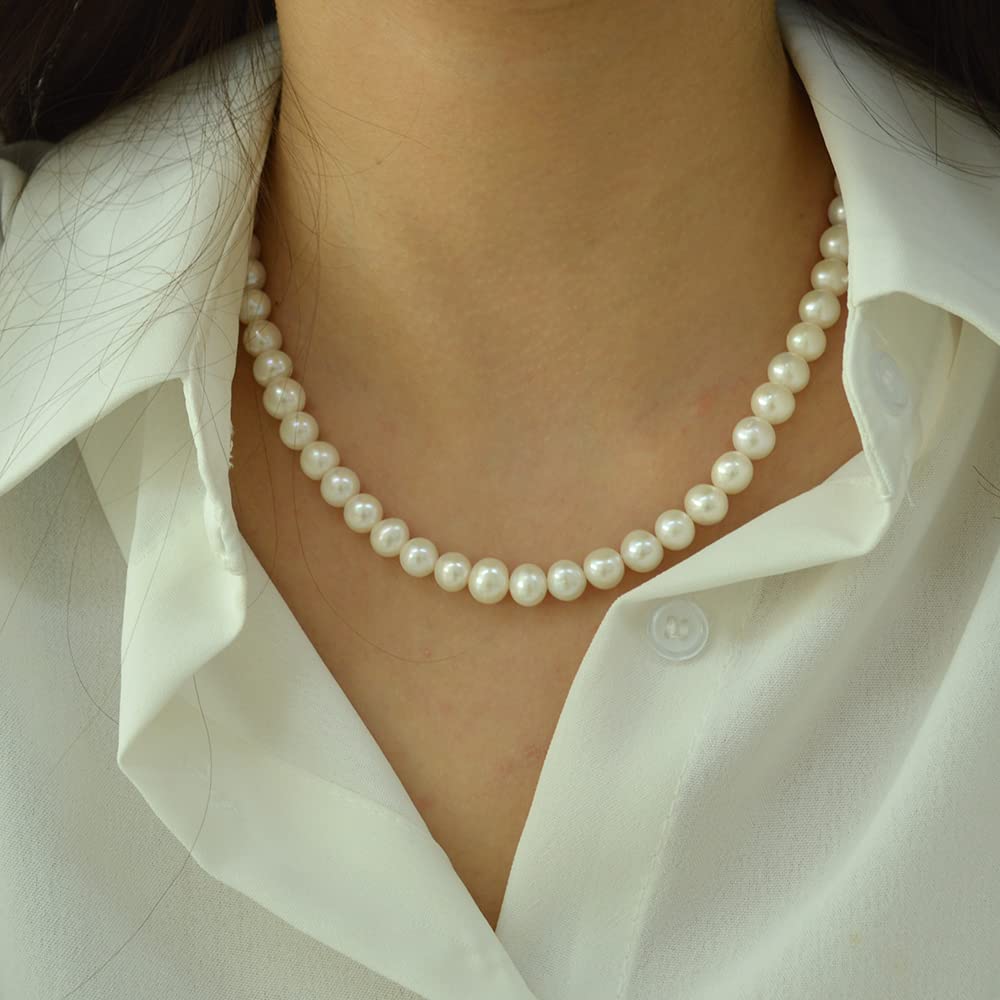Pearl necklace for women, 8MM Round freshwater pearl choker necklace, 17inch (Cream)