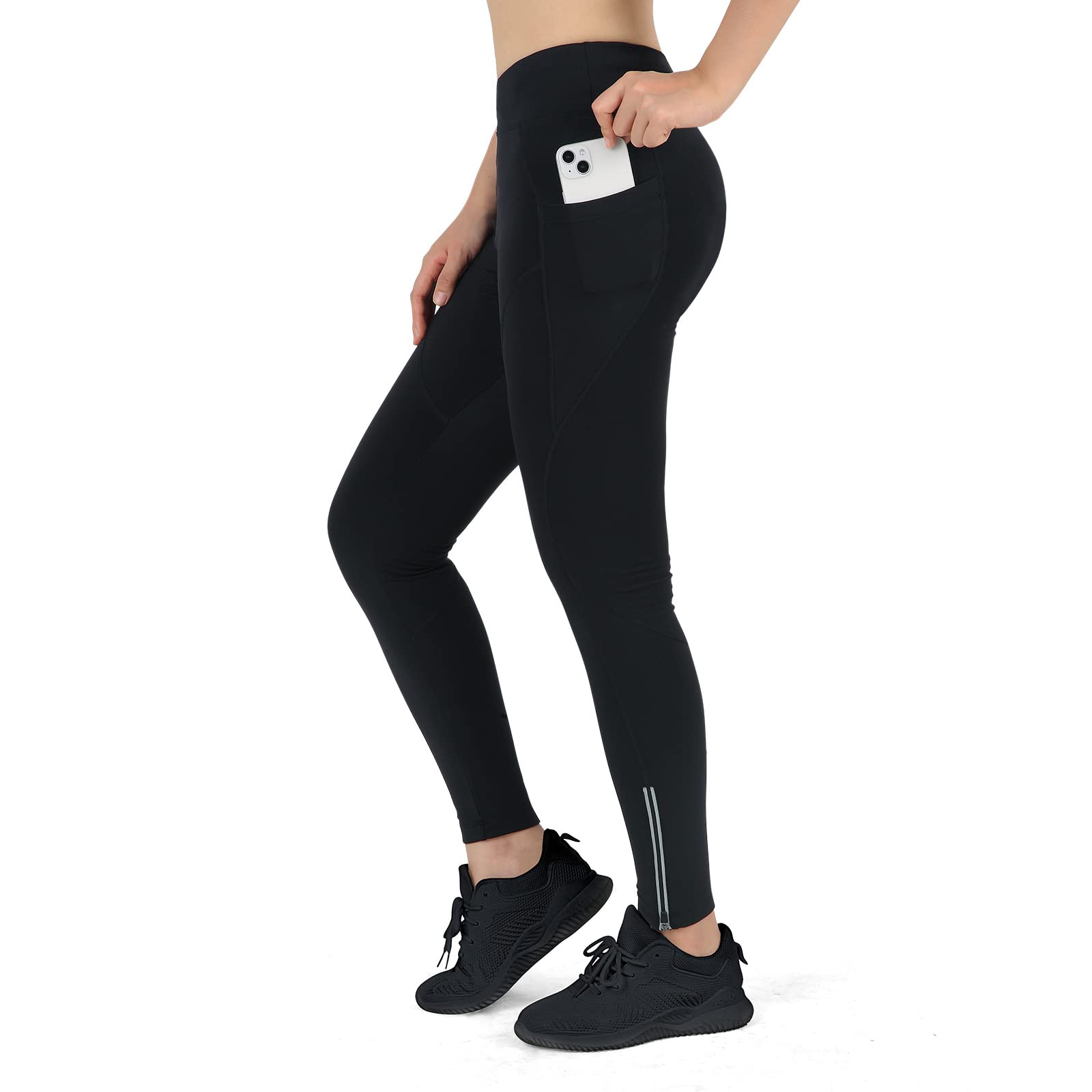 Women's Thermal Fleece Cycling Pants Padded Cold Weather Compression Bike Tights Winter Long Bicycle Pants with Pockets(BlackL,L)
