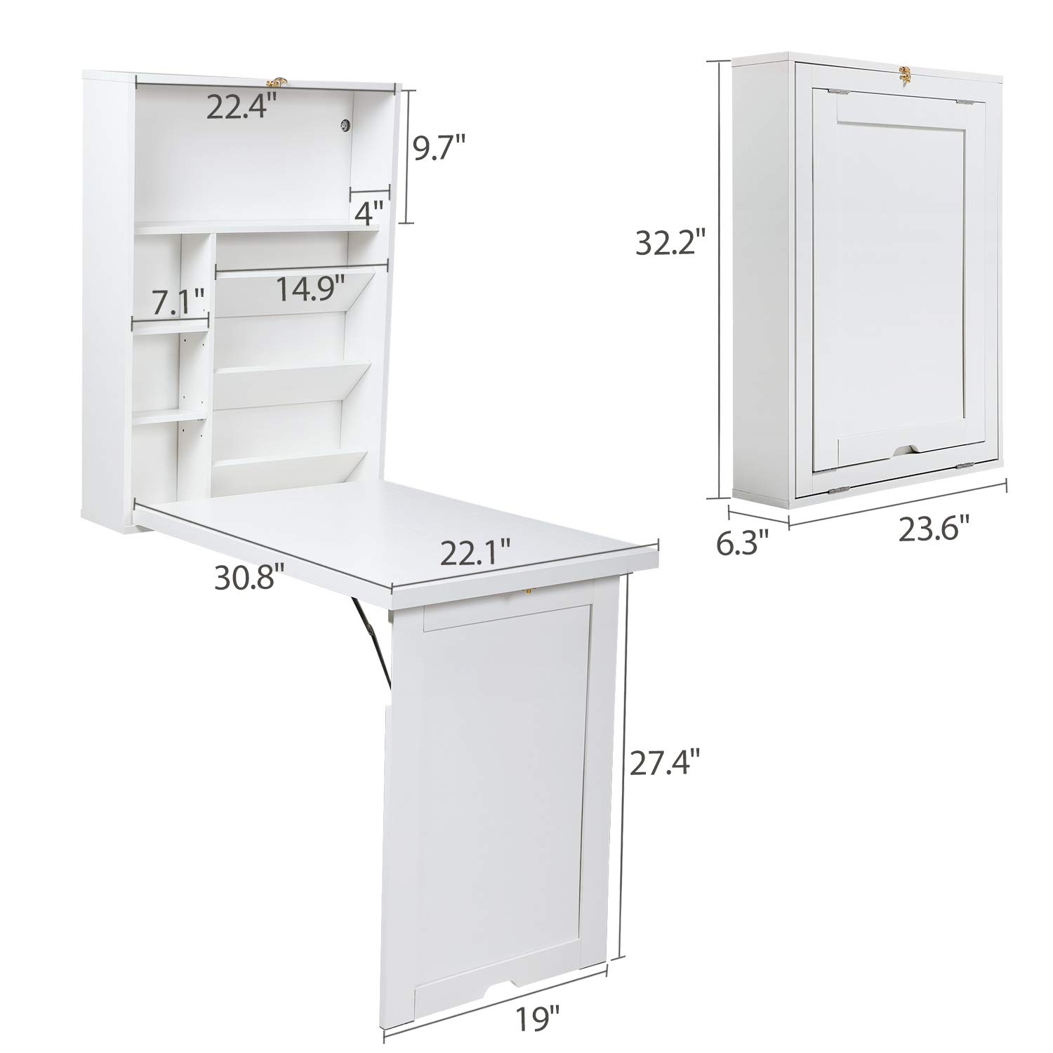 Sandinrayli Modern Compact Wood Wall Mounted Folding Desk Cabinet Convertible Writing Desk for Home Office with Storage, Laptop Tabletop, White (White)