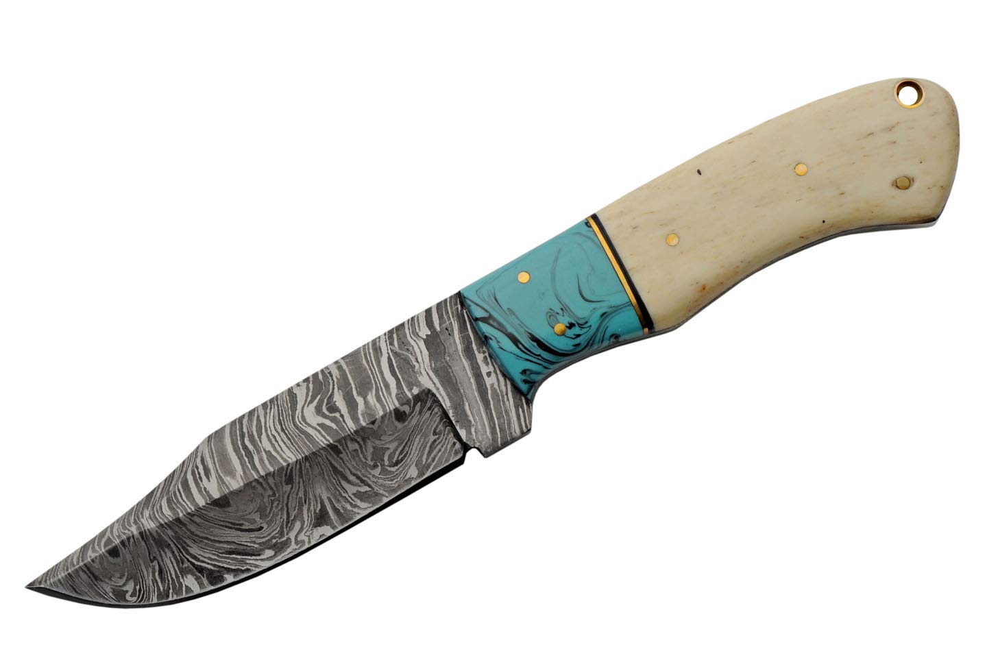 Szco Supplies 8.5" Damascus Steel Bone Handle Hunting Knife with Sheath, White/Turquoise (DM-1275)