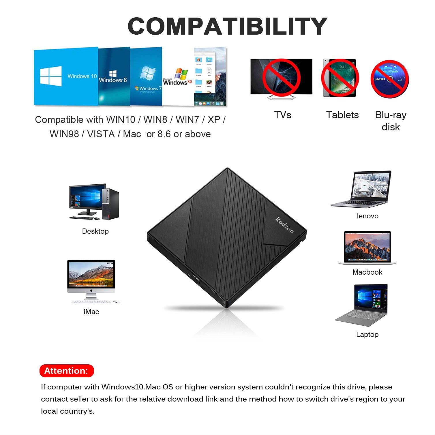 Rodzon External CD Drive Type C USB 3.0 Portable CD DVD +/-RW Drive Slim DVD/CD ROM Rewriter Burner Writer Compatible with Laptop Desktop PC Windows Linux OS Apple Mac, Type C