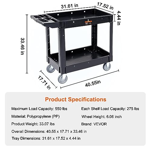 VEVOR Utility Service Cart, 2 Shelf 550LBS Heavy Duty Plastic Rolling Utility Cart with 360° Swivel Wheels, Medium Lipped Shelf, Ergonomic Storage Handle for Warehouse Garage Cleaning Office