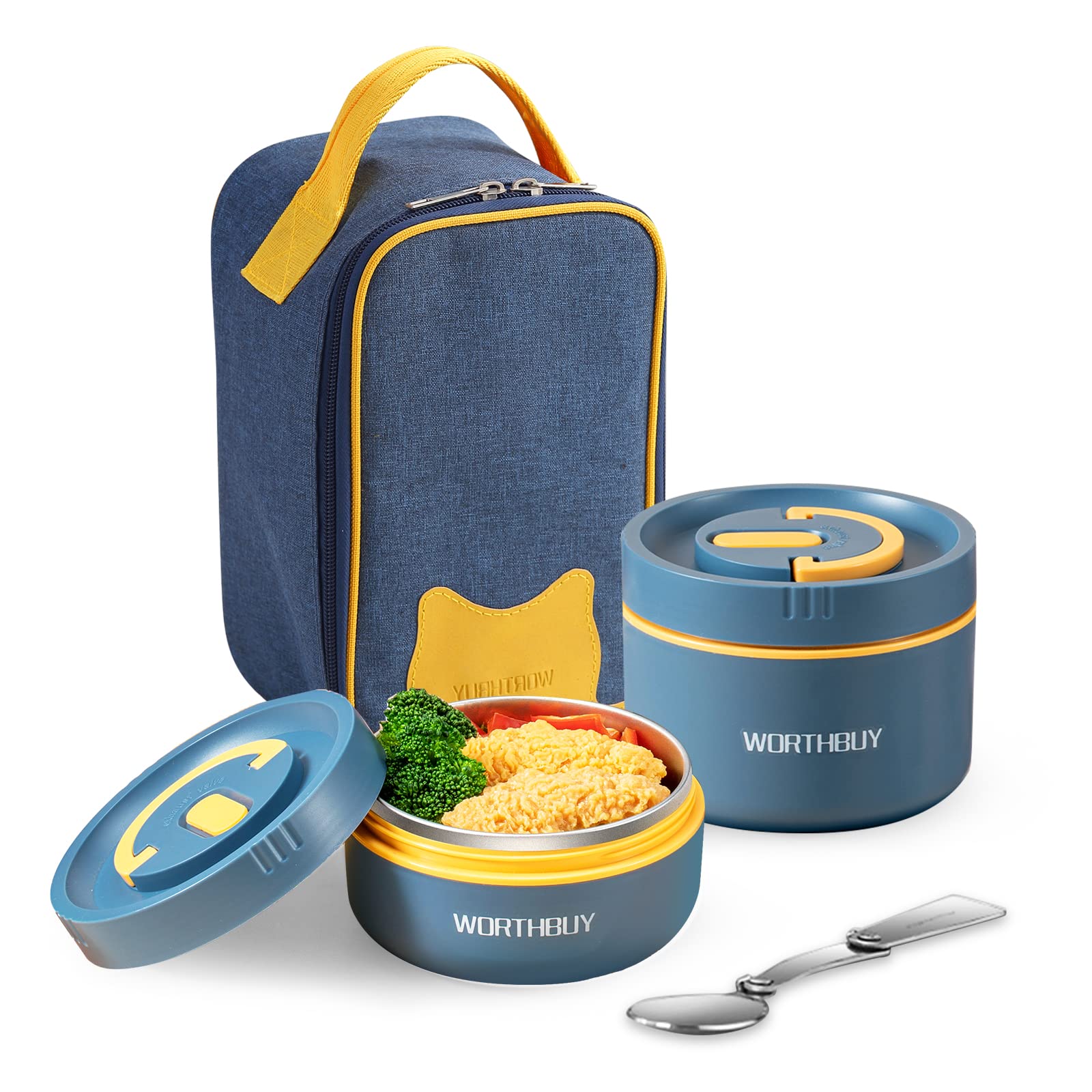 TiLeMiun Portable Insulated Lunch Containers Set, Microwave Safe Thermal Lunch Box For Kids & Aldults, 18/8 Stainless Steel Leakproof Food Container With Bag (Blue 2Pcs 34oz)