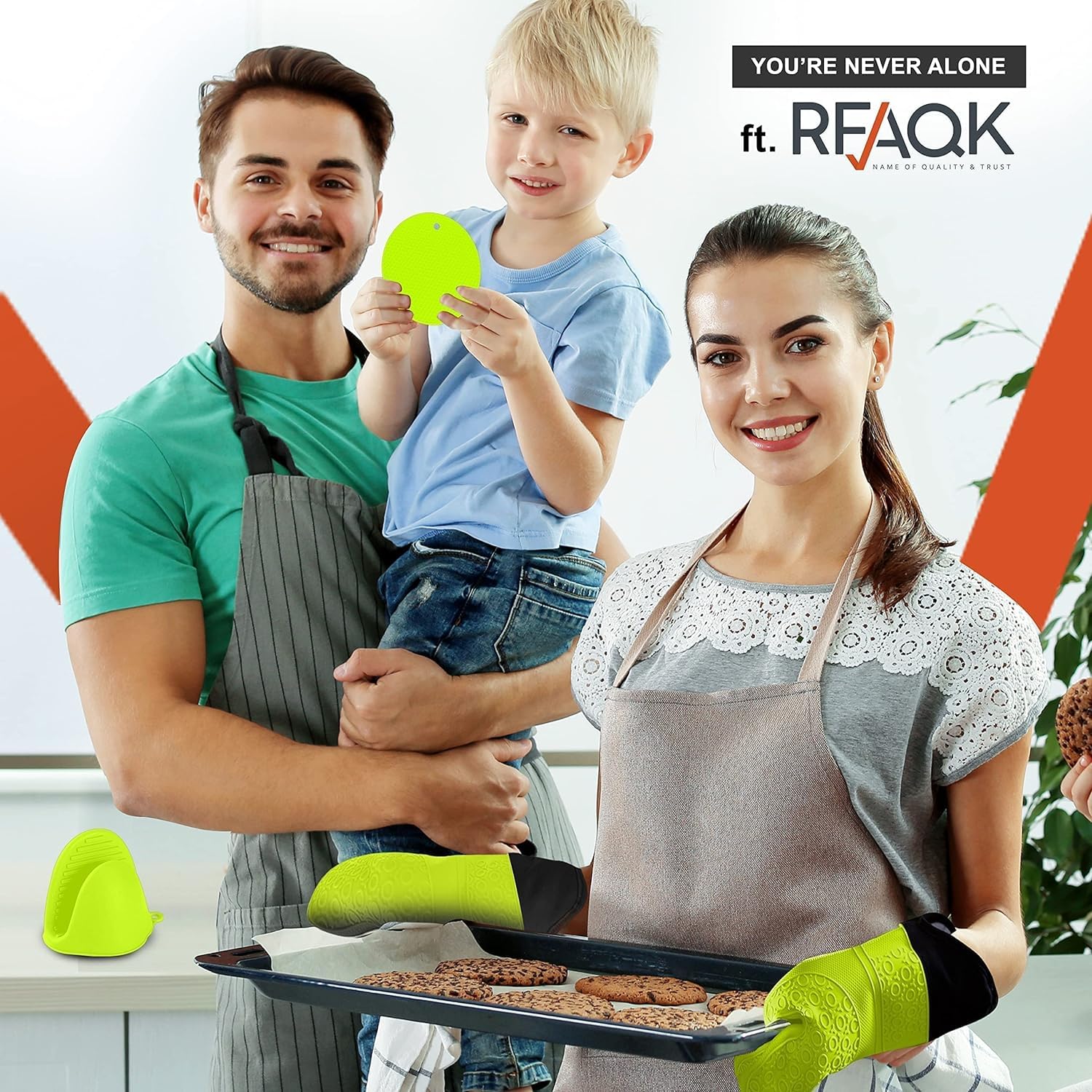 RFAQK Oven Mitts and Pot Holders Sets- Extra Long Silicone Oven Mitts, Oven Mitts Heat Resistant with Quilted Soft Liner and Mini Oven Mittens Sets for Kitchen, Baking, Grill and BBQ-Green (Pack of 6)