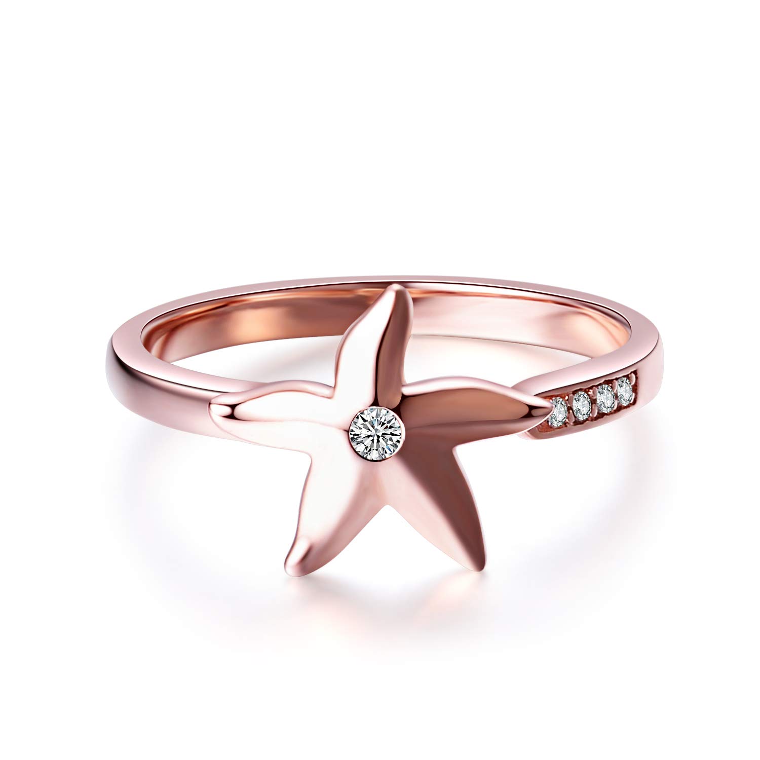 Rose Gold Plated Sterling Silver Starfish Open Ring for Women Teens, Aniamal Jewelry Gifts for Her, (Adjustable Size 6.5-7.5)