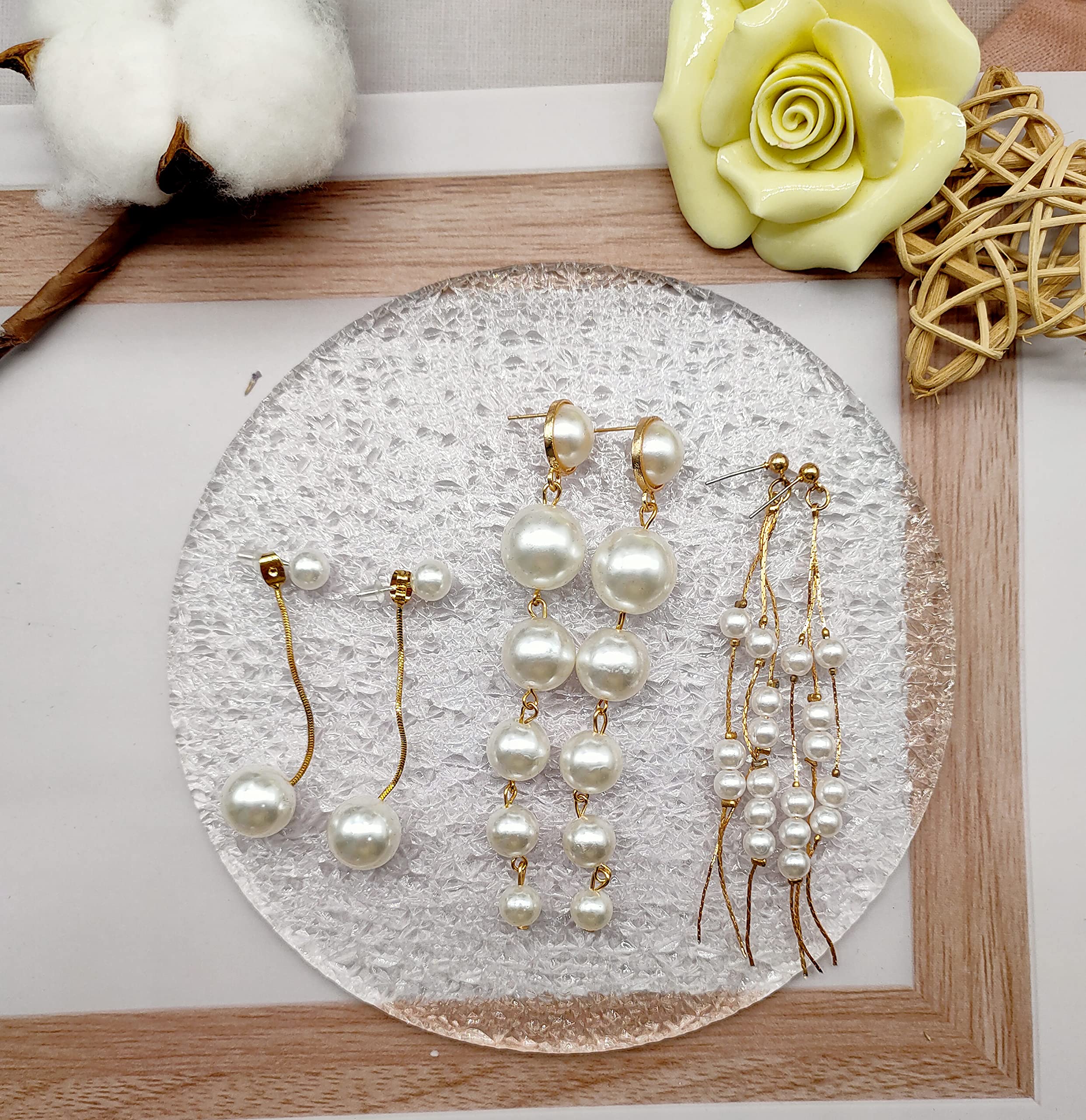 Svovin 9 Pairs Big Simulated Pearl Long Tassel Drop Earrings for Women Double Sided Front Back Pearl Earrings Cross Imitation Pearl Dangle Earring Set
