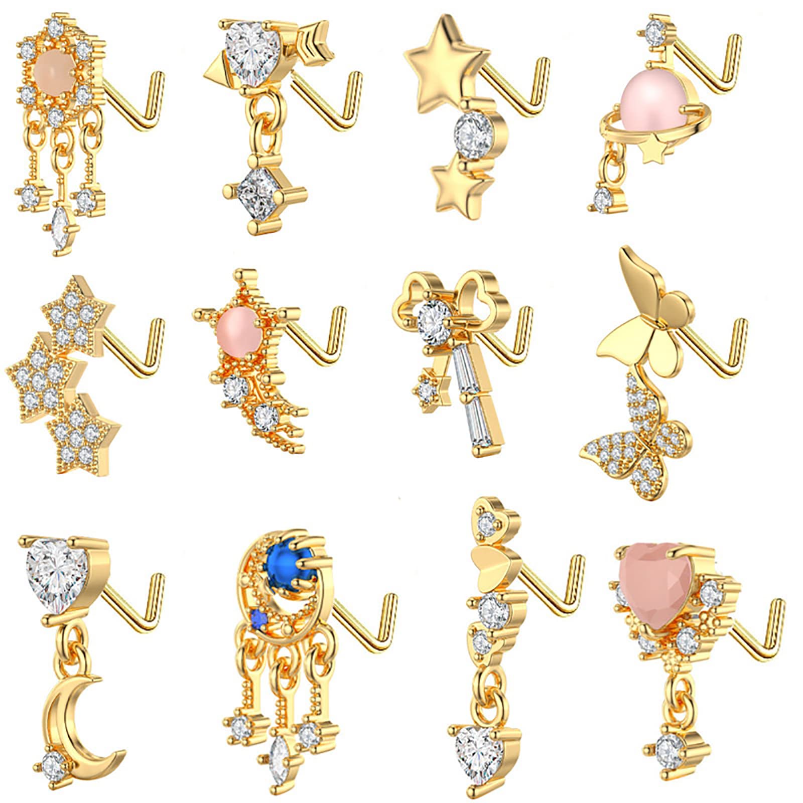 WAINIS 12pcs 20G Dangle Nose Rings Studs for Women Stainless Steel L Shaped Nose Studs Heart Arrow Feather Snowflake Wing CZ Dangling Nose Piercing Jewelry Gold
