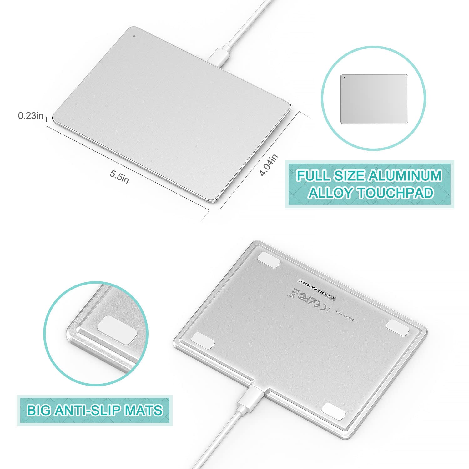 USB Trackpad Touchpad, Ultra Slim Portable Aluminum USB Wired Touchpad with Multi-Touch Navigation for Windows 7/10 PC Laptop Notebook Desktop-T055 (Silver)