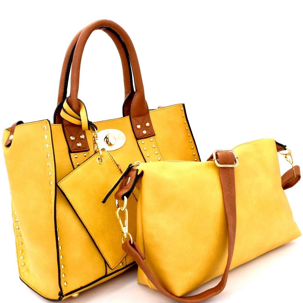 Twist Lock Studded 3 in 1 Soft Structure Plain & Ostrich Vegan Leather Tote Purse Handbag with Crossbody SET (Plain Vegan Leather - Brown/Coffee) Medium