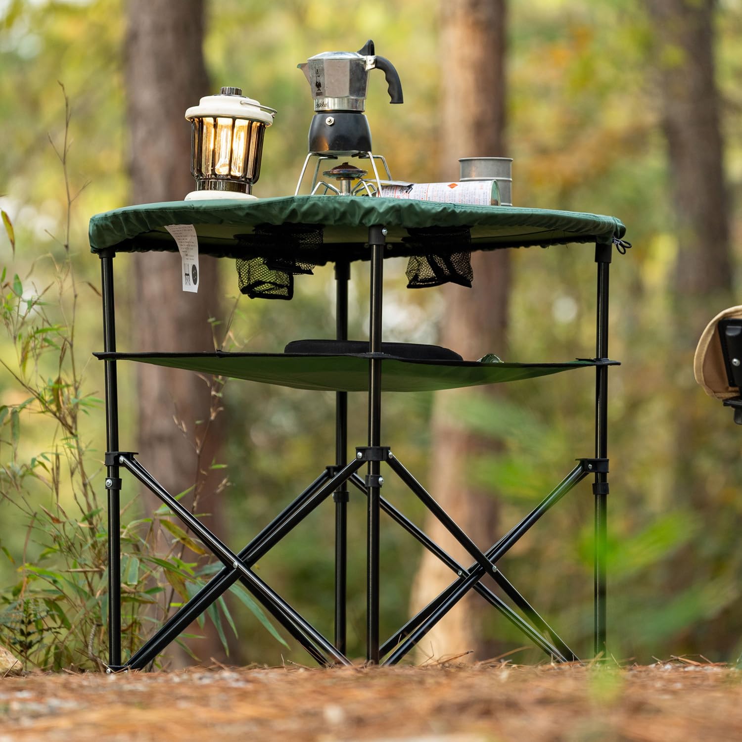 Portable Outdoor Camping Folding Round Table, Double Layer Picnic Table with Four Cup Holes and Carry Bag, Table Suitable for Outside, Beach and BBQ (Army Green)
