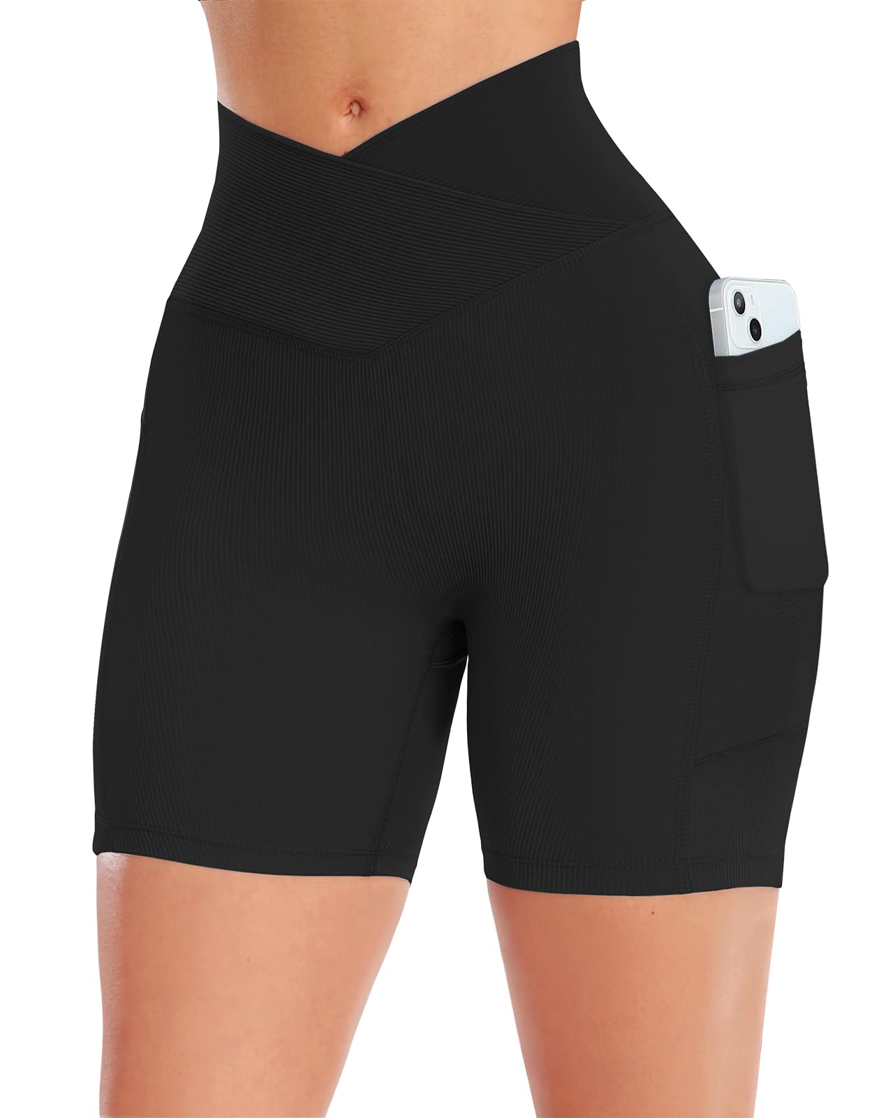 Women's V Cross Waist Workout Biker Ribbed Shorts with Pockets 5" High Waisted Booty Gym Short Black