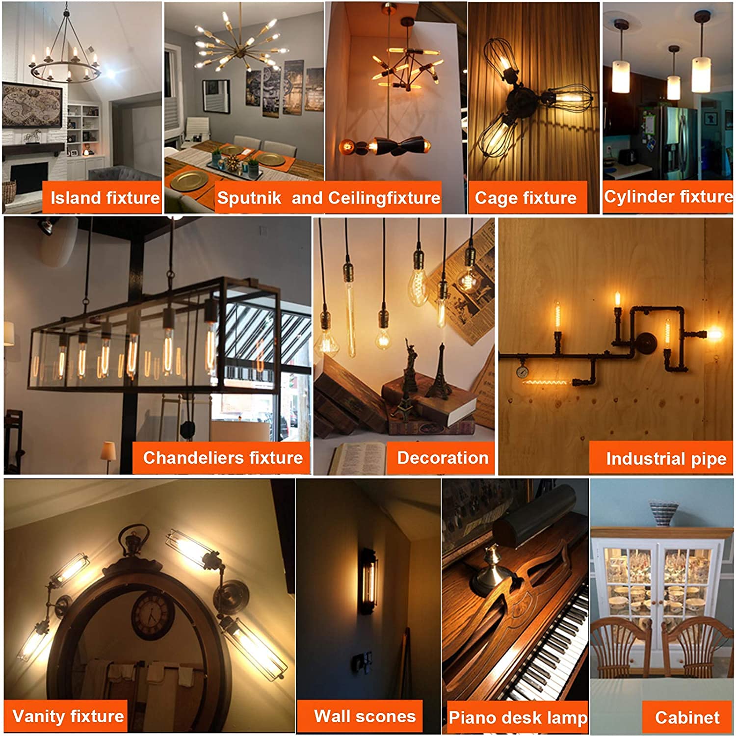 T10 LED Light Bulbs,Warm White 2700K,Tubular Vintage LED Edison Bulbs 100 Watt Equivalent,Dimmable,AC120V,1000LM,E26 Tube Antique LED Filament Bulbs for Rustic Pendant,6Pack.