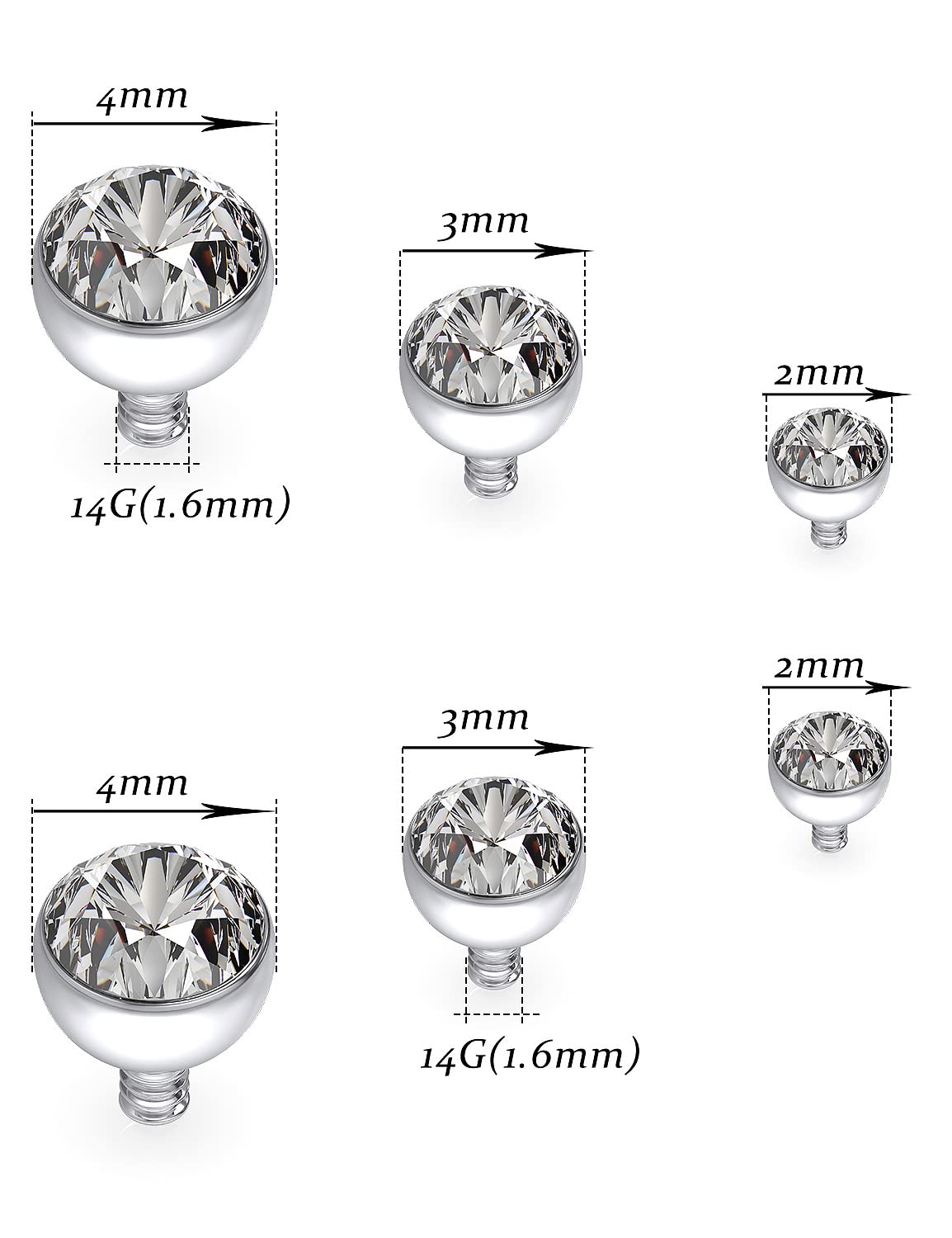Vsnnsns Dermal Piercing Jewelry Kit, 12Pcs G23 Titanium Dermal Anchor Tops, Internally Threaded, 14G 1.6mm, 2/3/4mm, Clear CZ, for Women Men