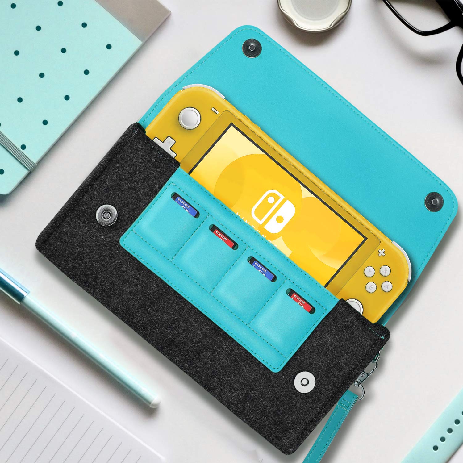 Polaland Switch Lite Felt Case, Portable Carrying Leather Bag Slim Protective Travel Pouch for Nintendo Switch Lite 2019 with 4 Game Cartridges Holders and Magnetic Clasp –Turquoise