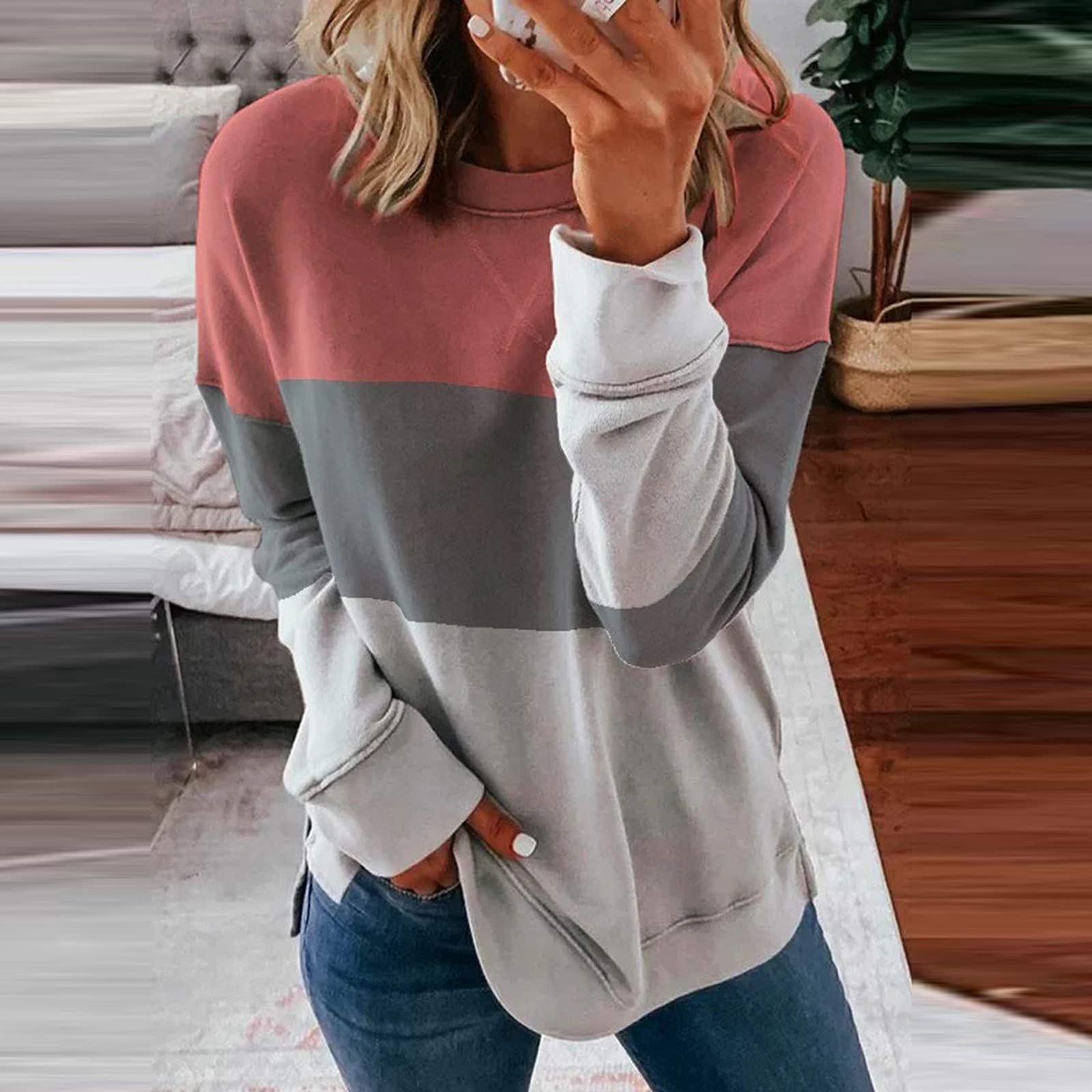 Womens Causal Loose Crewneck Sweatshirt Plus Size 2023 Spring Fashion Long Sleeve Striped Pullover Tops Trendy Shirt