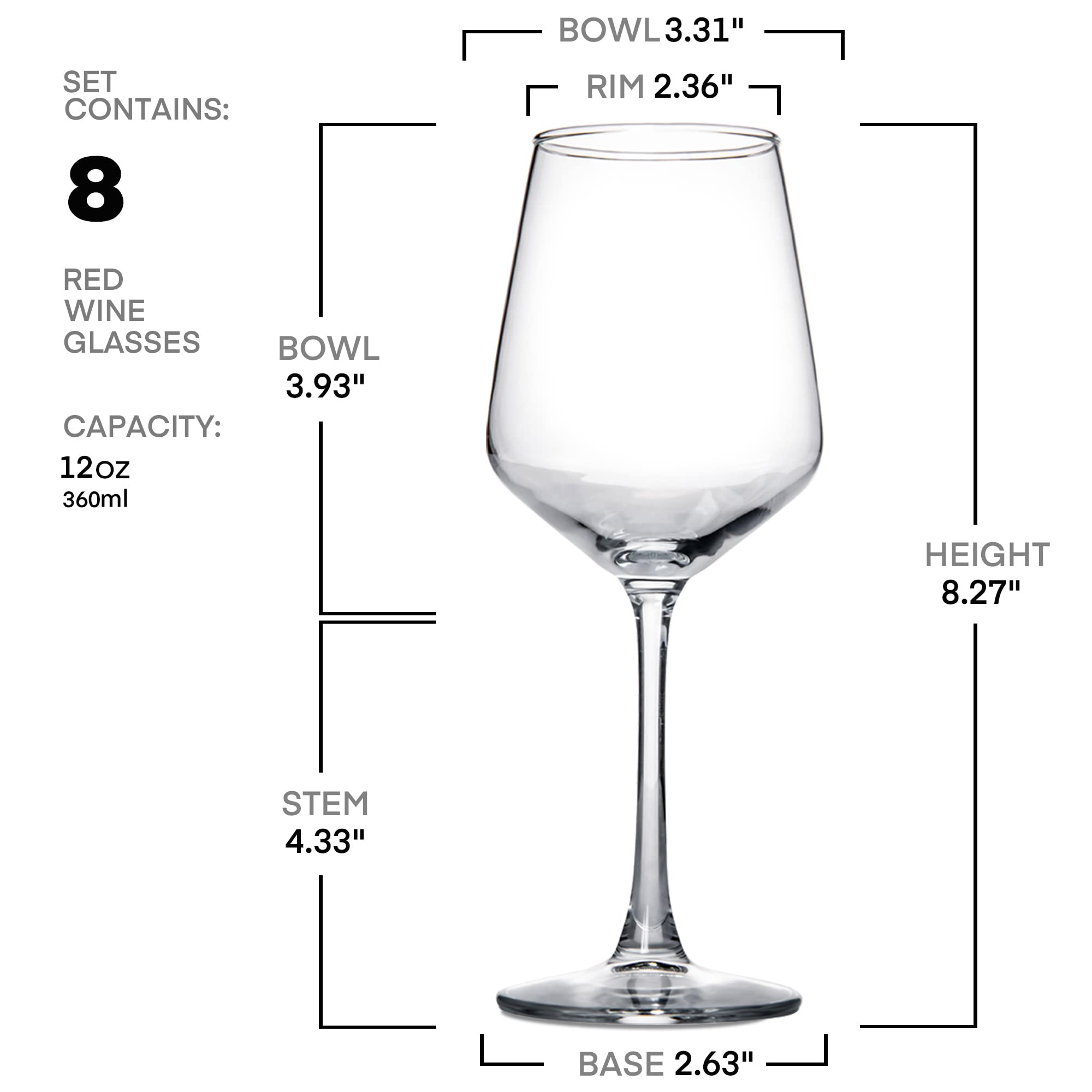 YARYOUNG Wine Glasses Set of 8, Long Stem Clear Glass 12 Ounce for Wedding Party Gift, Dishwasher Safe