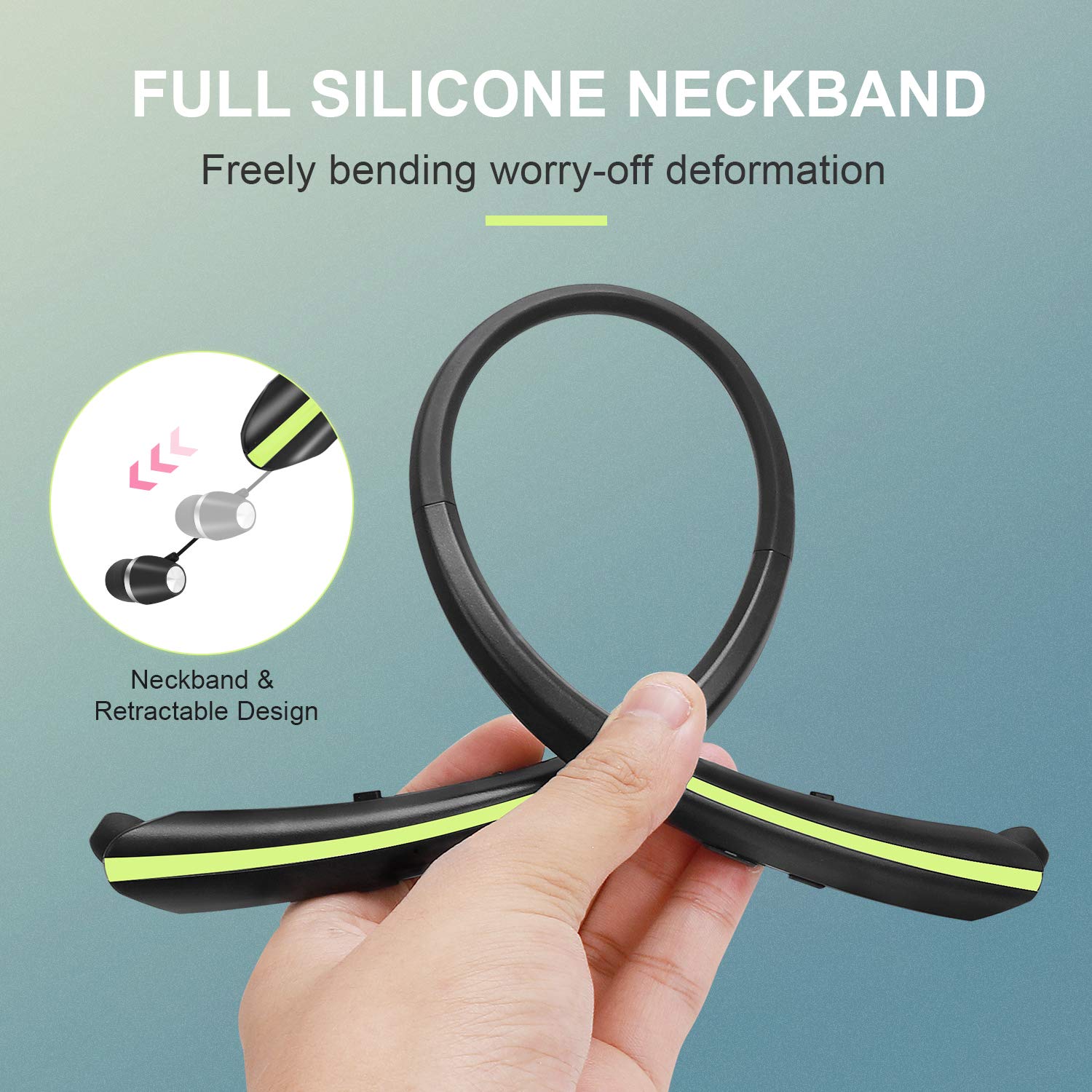 Retractable Bluetooth Headphones, Wireless Earbuds Stereo Headsets Neckband Earphone Noise Canceling with Mic (20 Hours Playtime, Black Green)