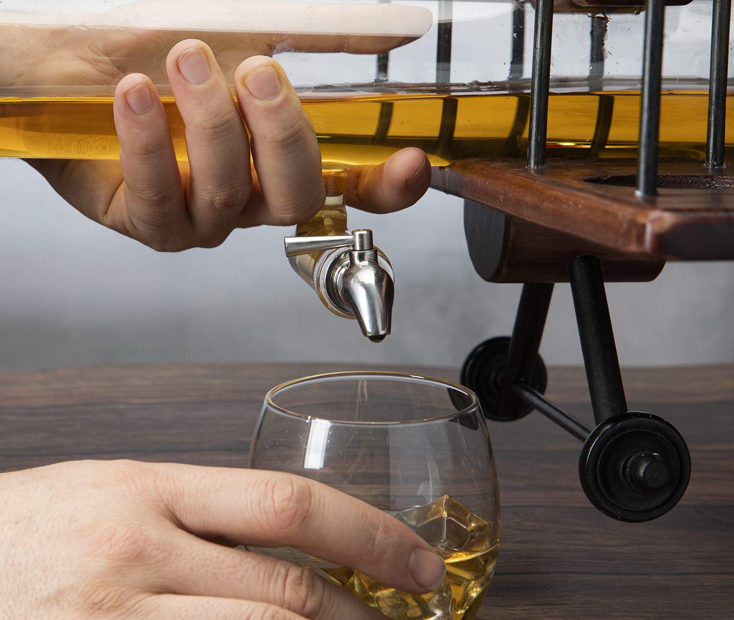 Whiskey & Wine Decanter Airplane Set and Glasses Antique Wood Airplane - The Wine Savant Whiskey Gift Set and 2 Airplane Glasses, Pilot Gift Moving Parts- Alcohol Related Gift, BAR DECOR Large 21"