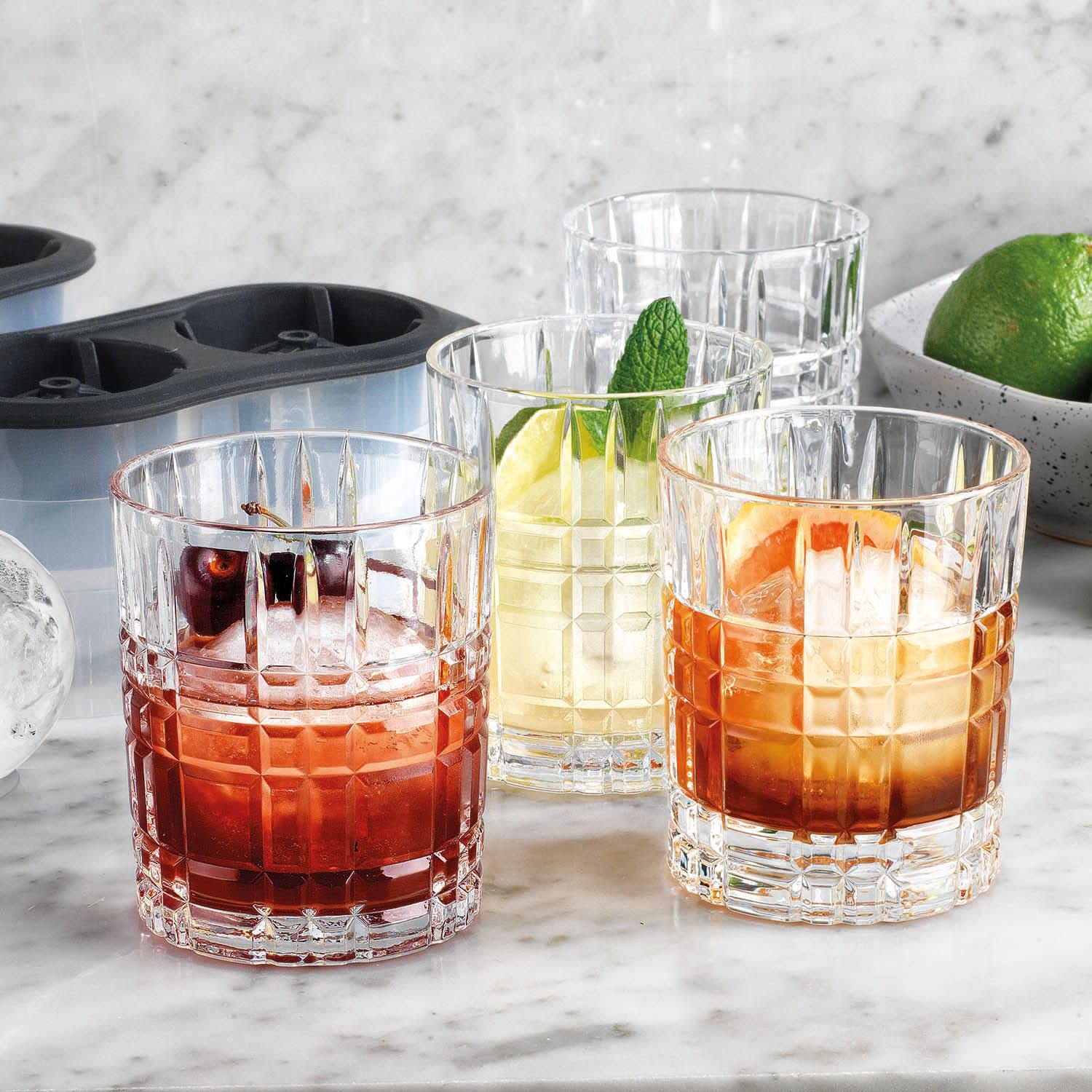 Whiskey Barware Set - 4 Old Fashion Tumbler Glasses with 2 Chilled Whisky Ice Ball Molds Boundary by Godinger