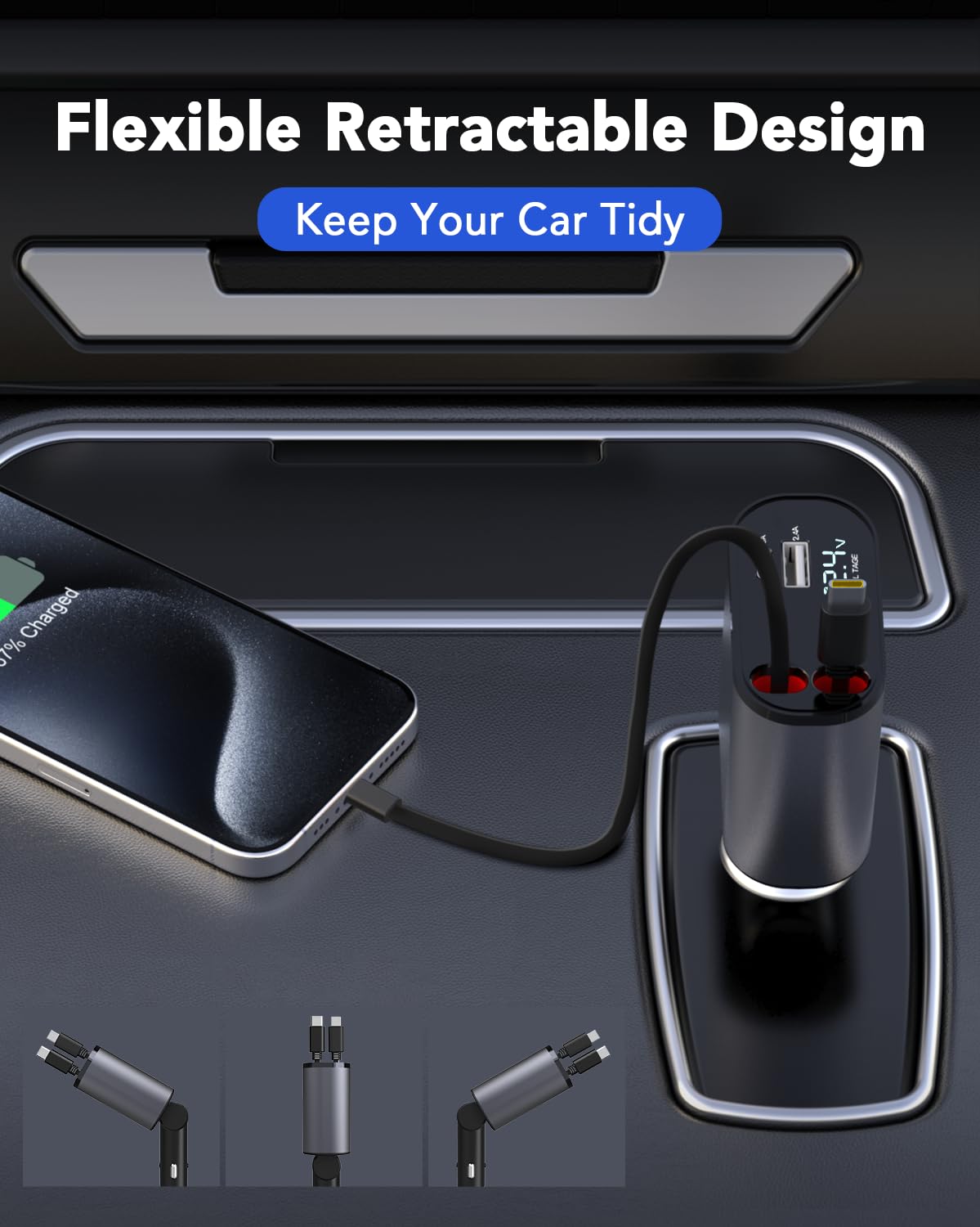 Retractable Car Charger, 4 in 1 Fast Car Phone Charger 66W, Retractable Cables and USB Car Charger,Compatible with iPhone 15/14/13/12/11,Galaxy,Pixel