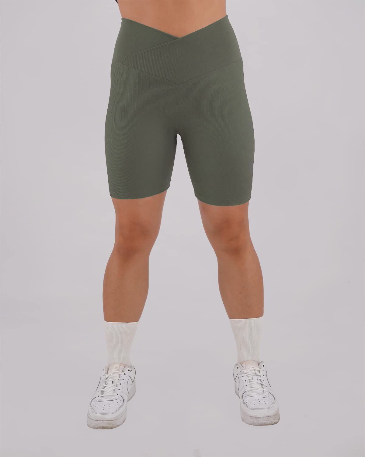 Womens 5" Crossover Workout Shorts High Waisted Ribbed Butt Lift Biker Running Compression Yoga Shorts Black