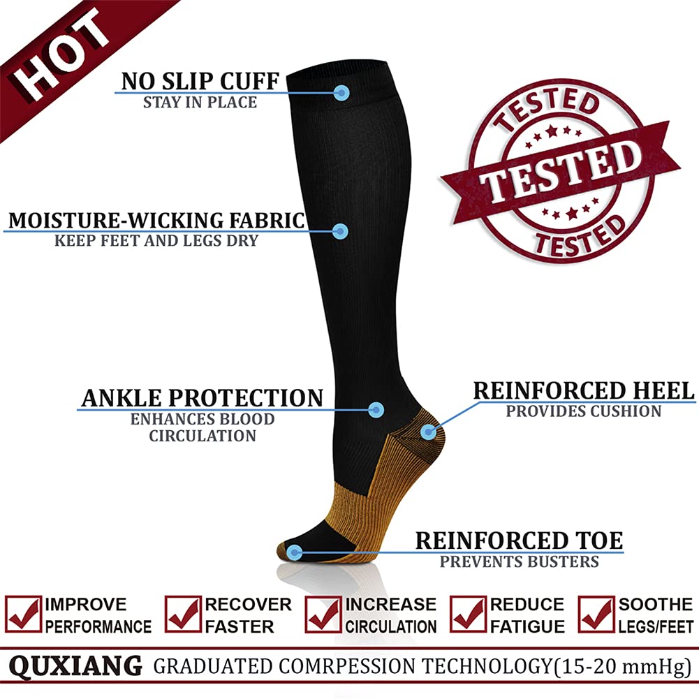 QUXIANG Copper Compression Socks for Women & Men Circulation (8 Pairs) - Best for Running Athletic Cycling - 15-20 mmHg (L/XL,Multi 15)