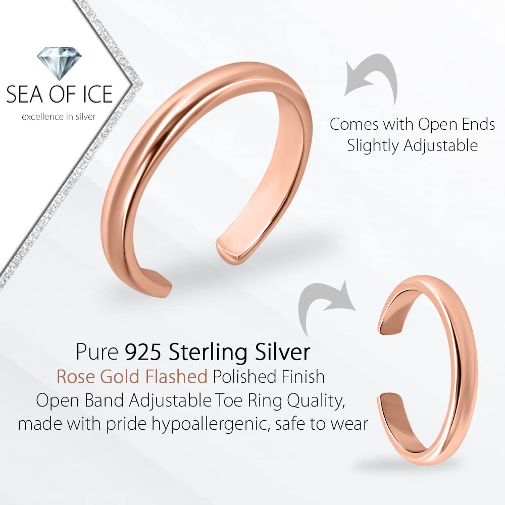 SEA OF ICE Rose Gold flashed Sterling Silver Polished Finish Adjustable Toe Ring for women, Summer Beach Jewelry