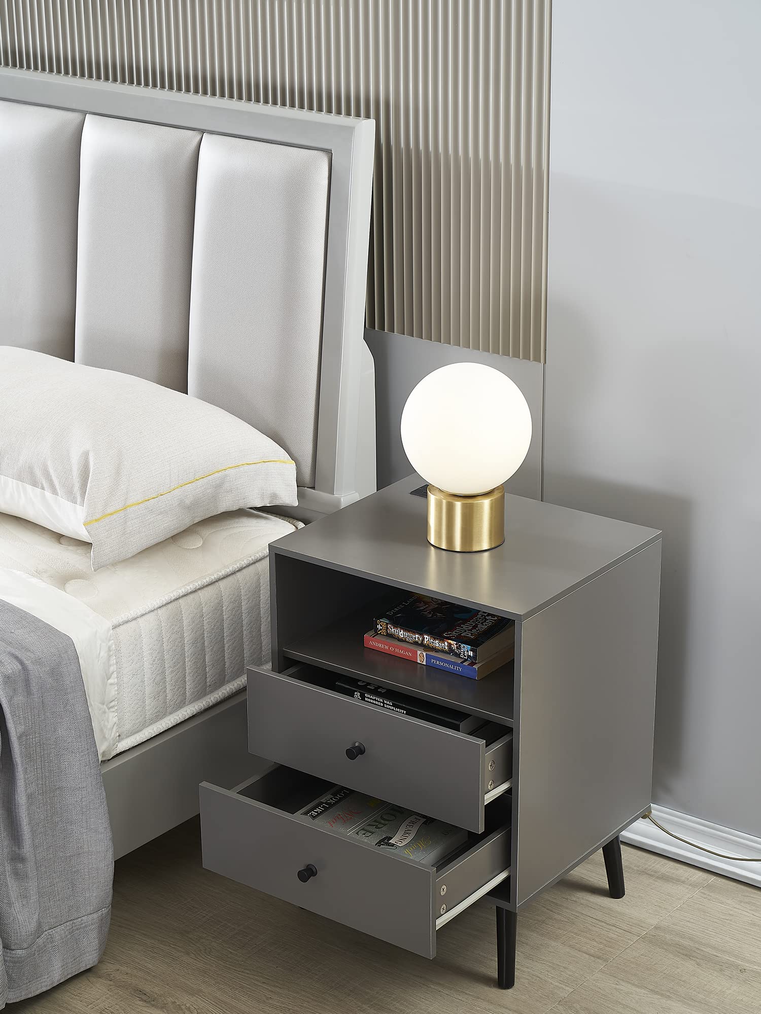 OBRICOL Night Stand,Charging Station Side Table, Functional End Table for Bedroom,Living Room (Grey)