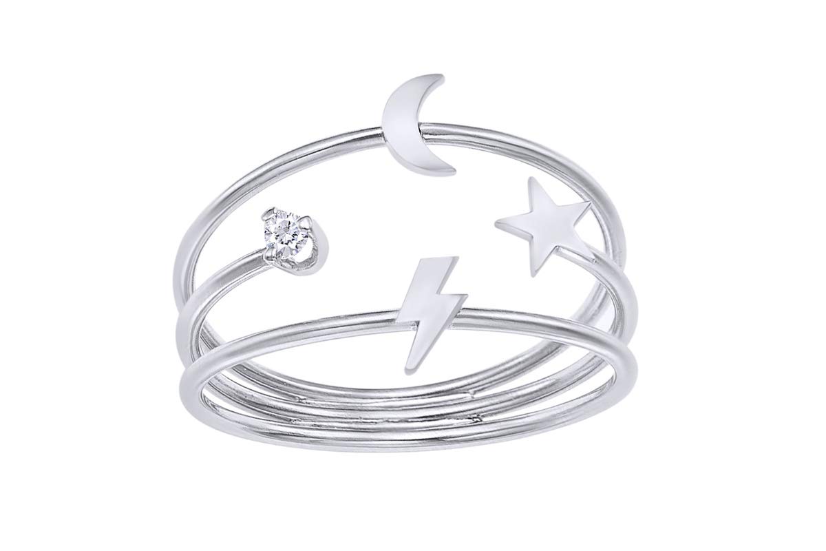 Samaira Jewelry Natural Diamond Accent Dainty Lightning Bolt, Moon & Star Three-Band Ring in 14k White Gold Plated 925 Sterling Silver Ring (0.04 Cttw, I-J Color, I2-I3 Clarity) Size-6