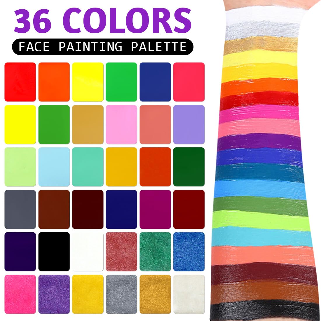 Professional Face Body Paint Kit, 36 Colors Oil Based Hypoallergenic Neon Face Painting Set with 10 Pcs Professional Brushes for Halloween SFX Special Effects Cosplay Costume Make Up