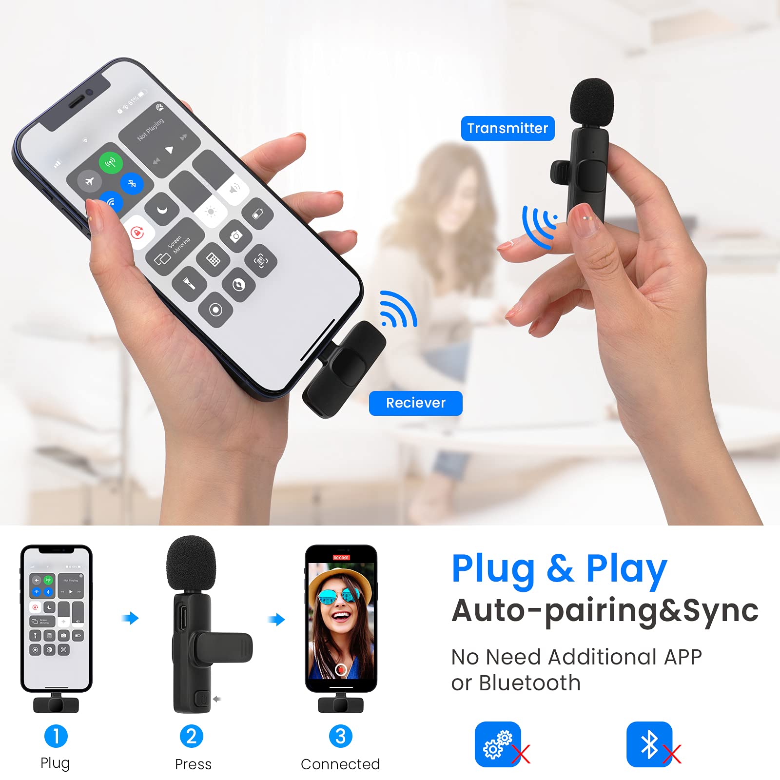 Wireless Lavalier Microphone for iPhone - Plug and Play 2.4GHz Cordless Lapel Mic for Recording YouTube, Facebook Live Stream, Vloggers, Interview, Conference, Tiktok, Podcast, Vlogging | Black