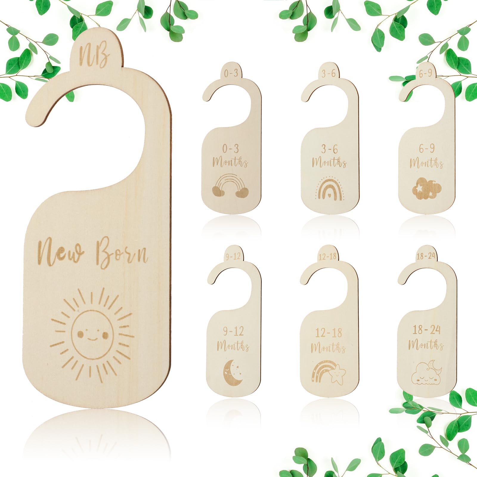 Teaaha Baby Closet Dividers for Clothes Organizer 7 PCS Beautiful Wooden Double-Sided Baby Closet Size Organizer Hanger from Newborn Infant to 24 Months Toddler for Home Nursery Baby Decor